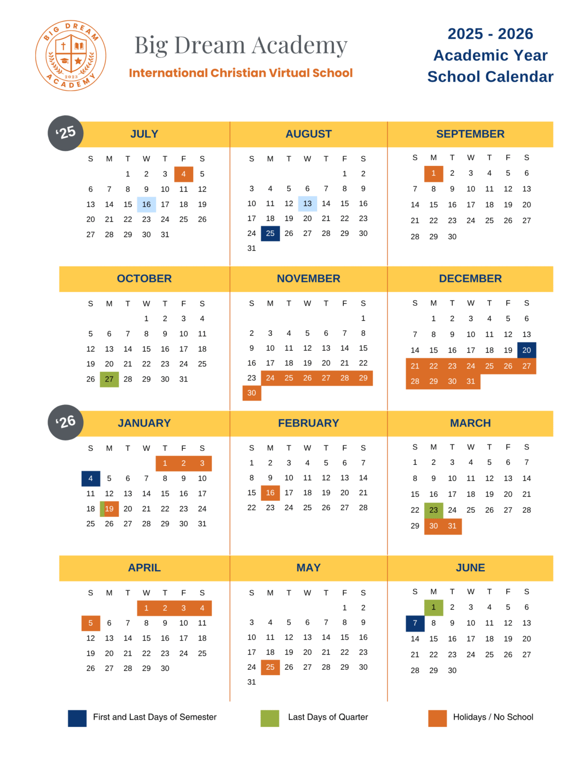 2025-2026 Academic Year Calendar - Big Dream Academy